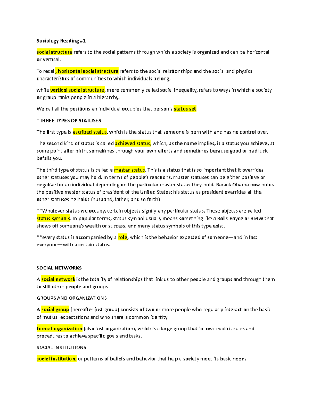 CHAPTER 1 NOTES - Sociology Reading # social structure refers to the ...