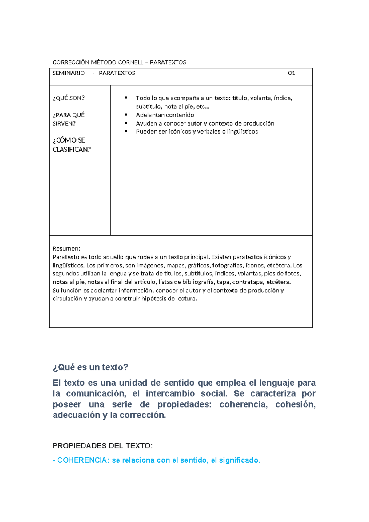 Texto Cohesion Y Coherencia - CORRECCIÓN MÉTODO CORNELL – PARATEXTOS ¿Qué es un texto? El texto ...
