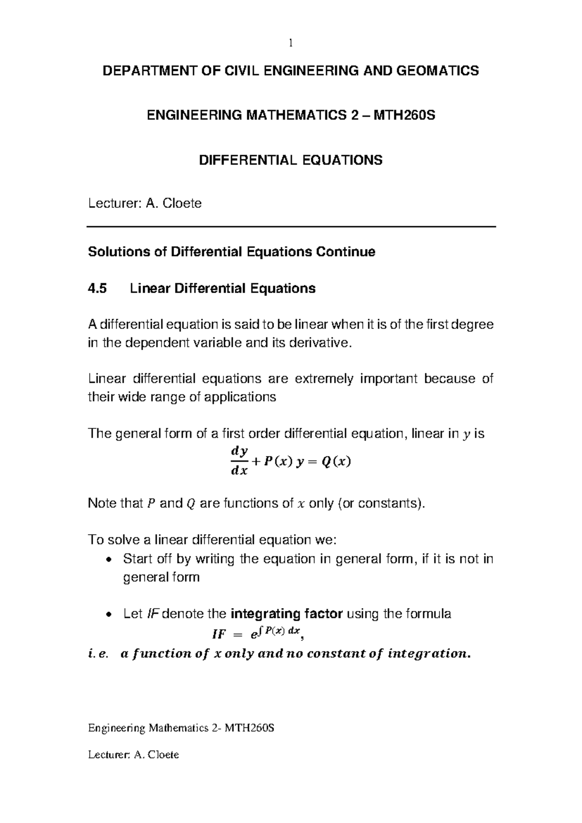 Linear Differential Equations - Engineering Mathematics 2- MTH260S ...