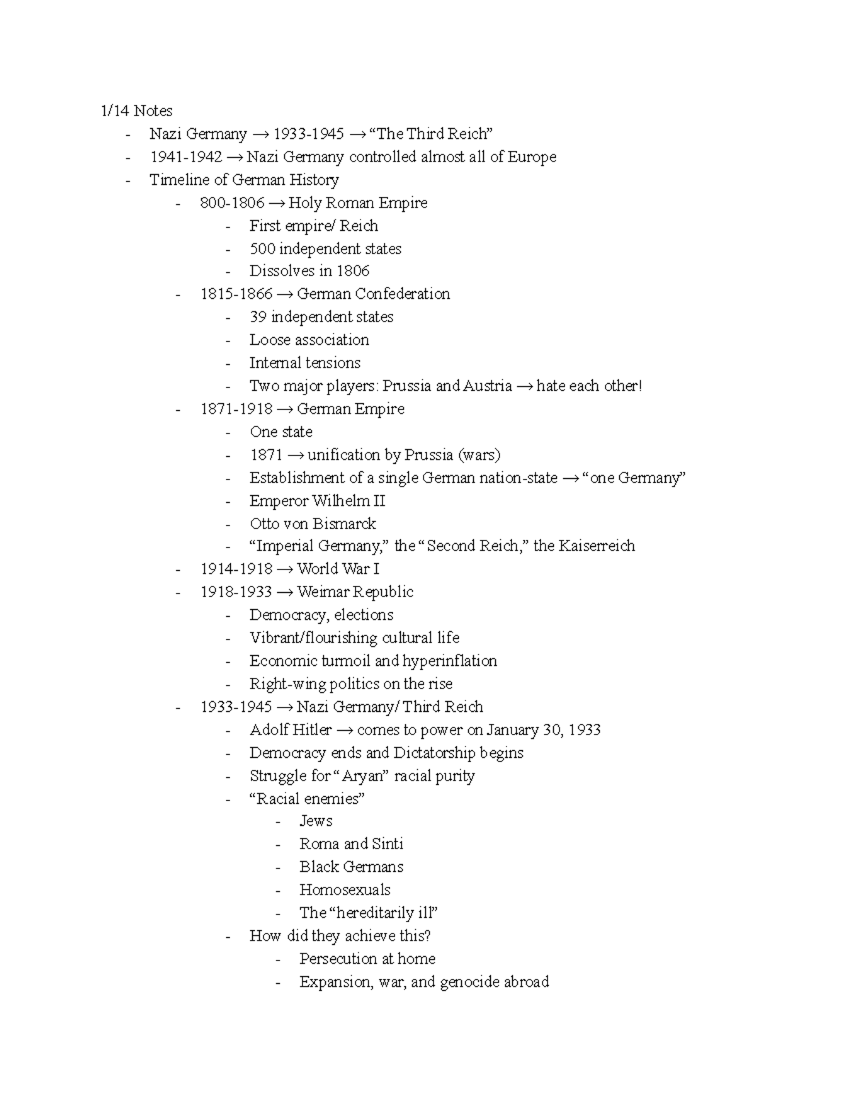 Hist Lectures - Nazi Germany basic lecture notes, taught by Michelle ...