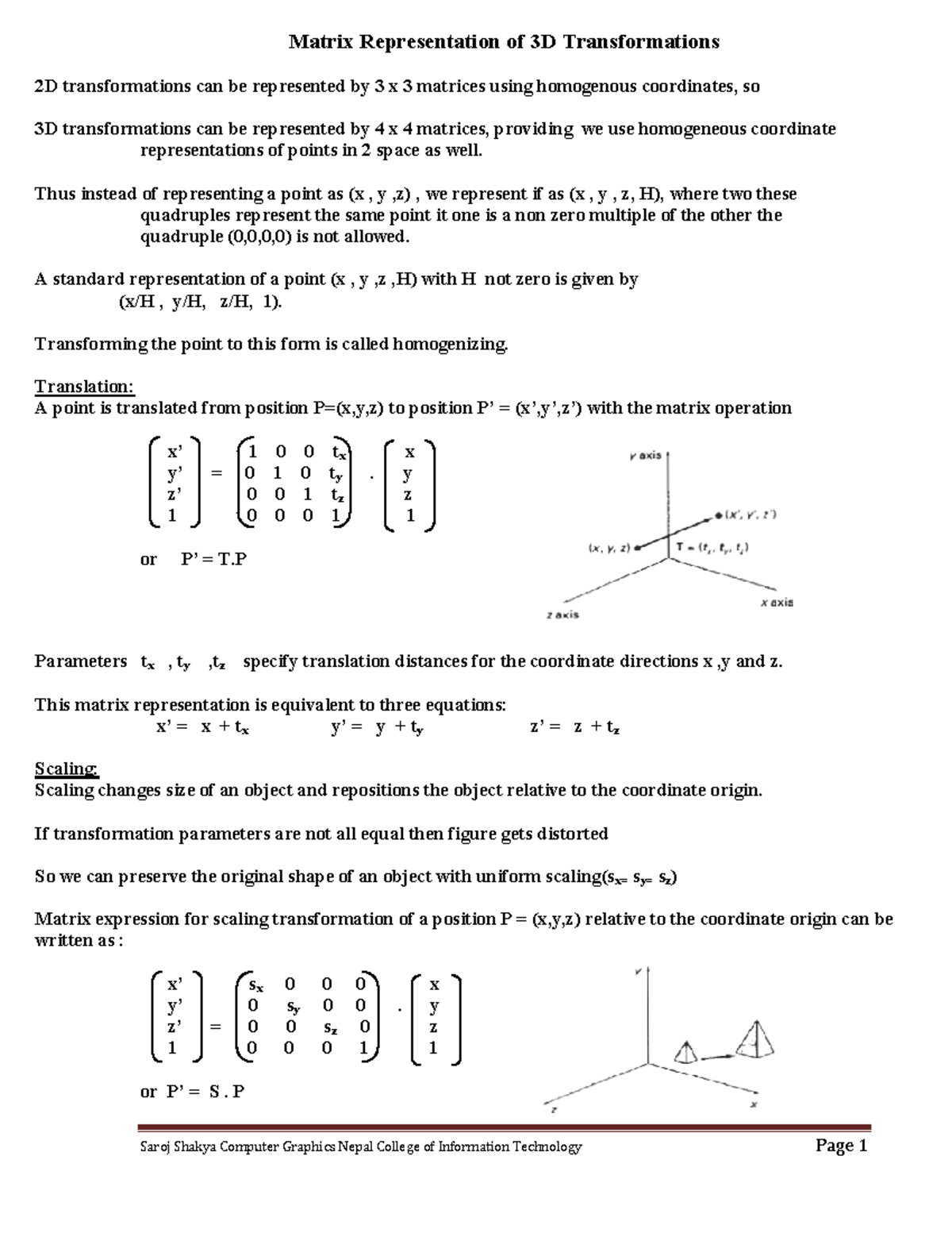 3d - 3d general note - Matrix Representation of 3D Transformations 2D ...