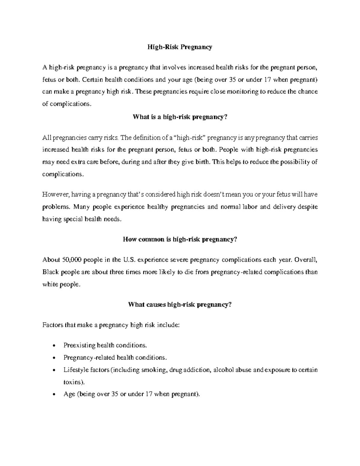 Week 1 ob Maternal High Risk Pregnancy A High risk Pregnancy Is A
