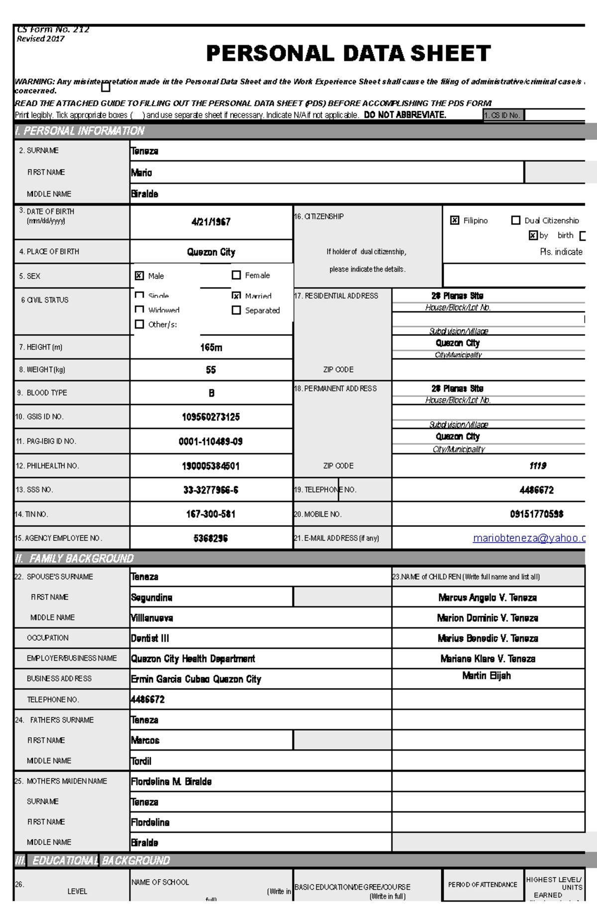 354240003 CS Form No 212 Revised Personal Data Sheet Sample Form ...