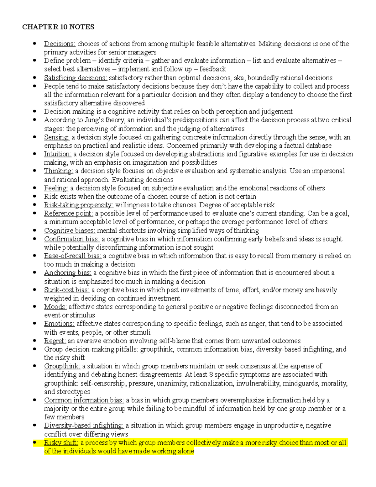 Chapter 10 Notes - CHAPTER 10 NOTES Decisions: choices of actions from ...