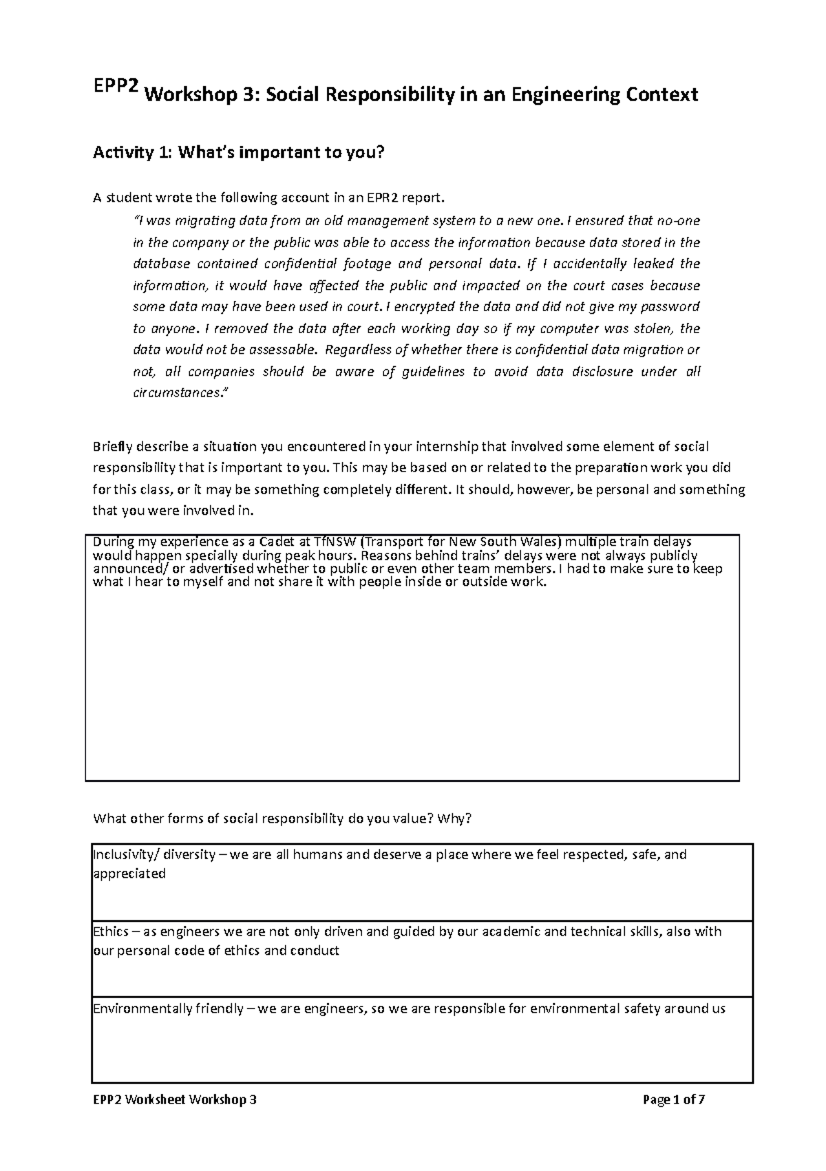 EPP2 Workshop 3 Worksheet - EPP2 Workshop 3: Social Responsibility in ...