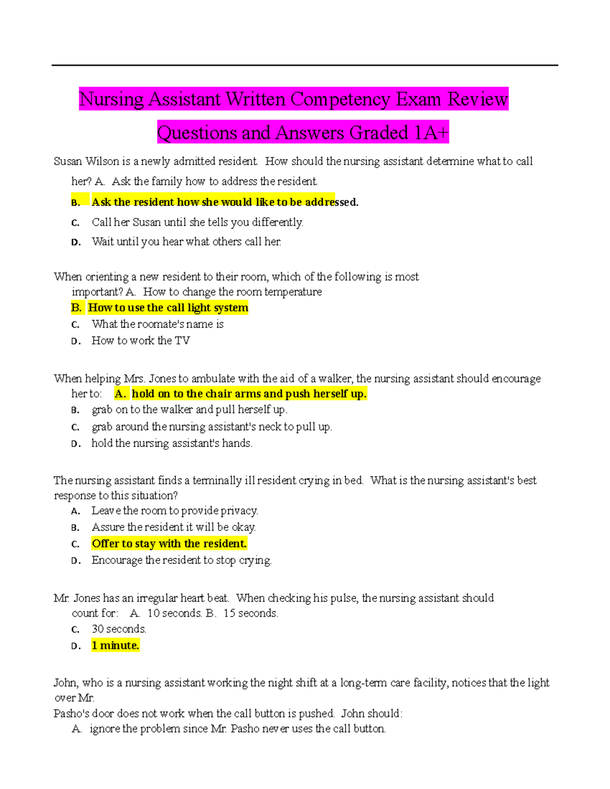 Nursing Assistant Written Competency Exam Review Questions and Answers ...