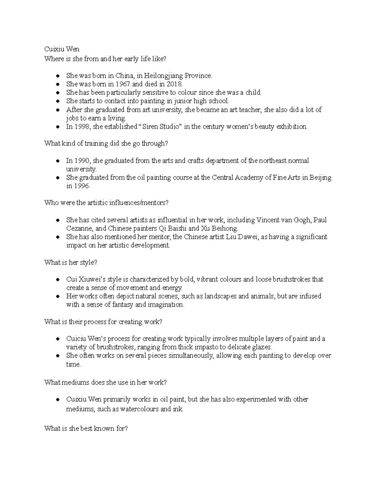 Preliminary Work for the Artist Research Project - Cuixiu Wen Where is ...