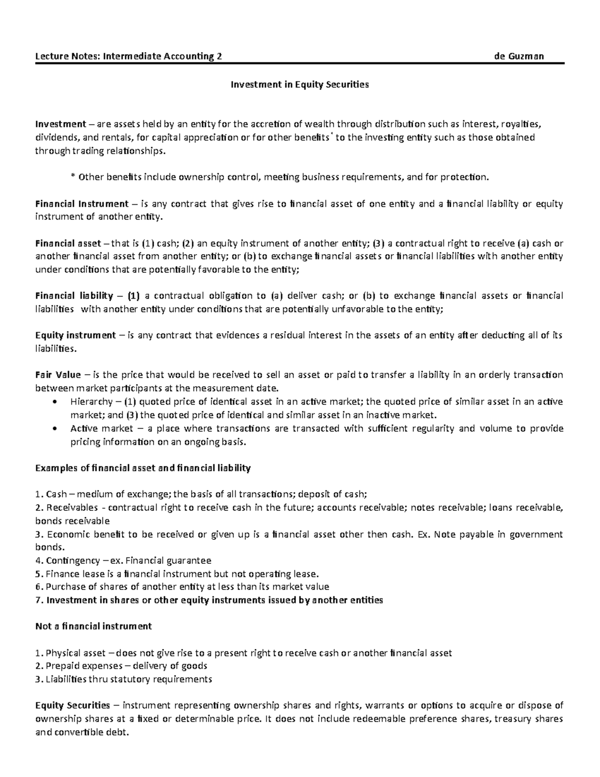 Investment securities: pdf file - Lecture Notes: Intermediate ...