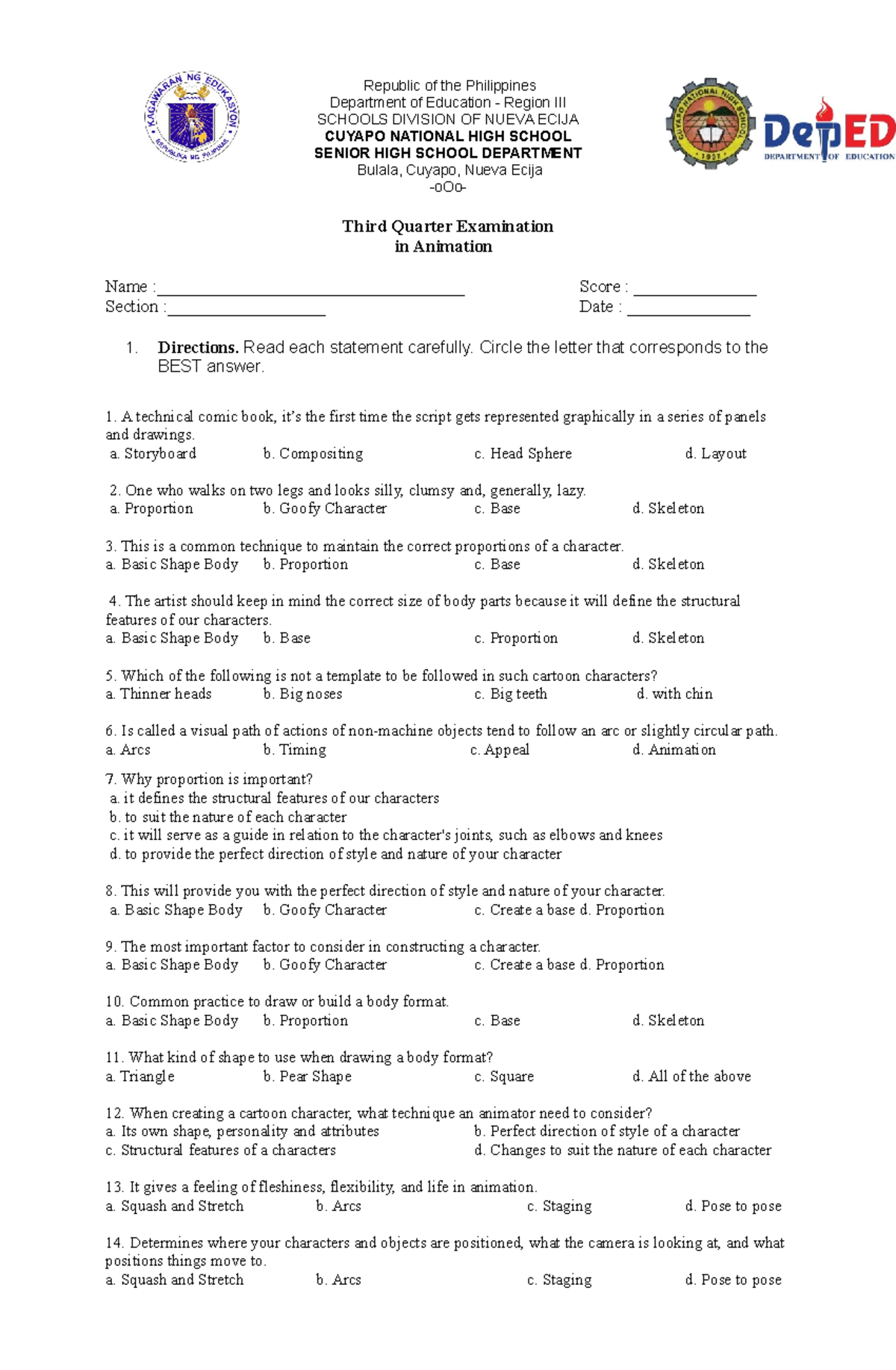 Animation exam to print - Republic of the Philippines Department of ...