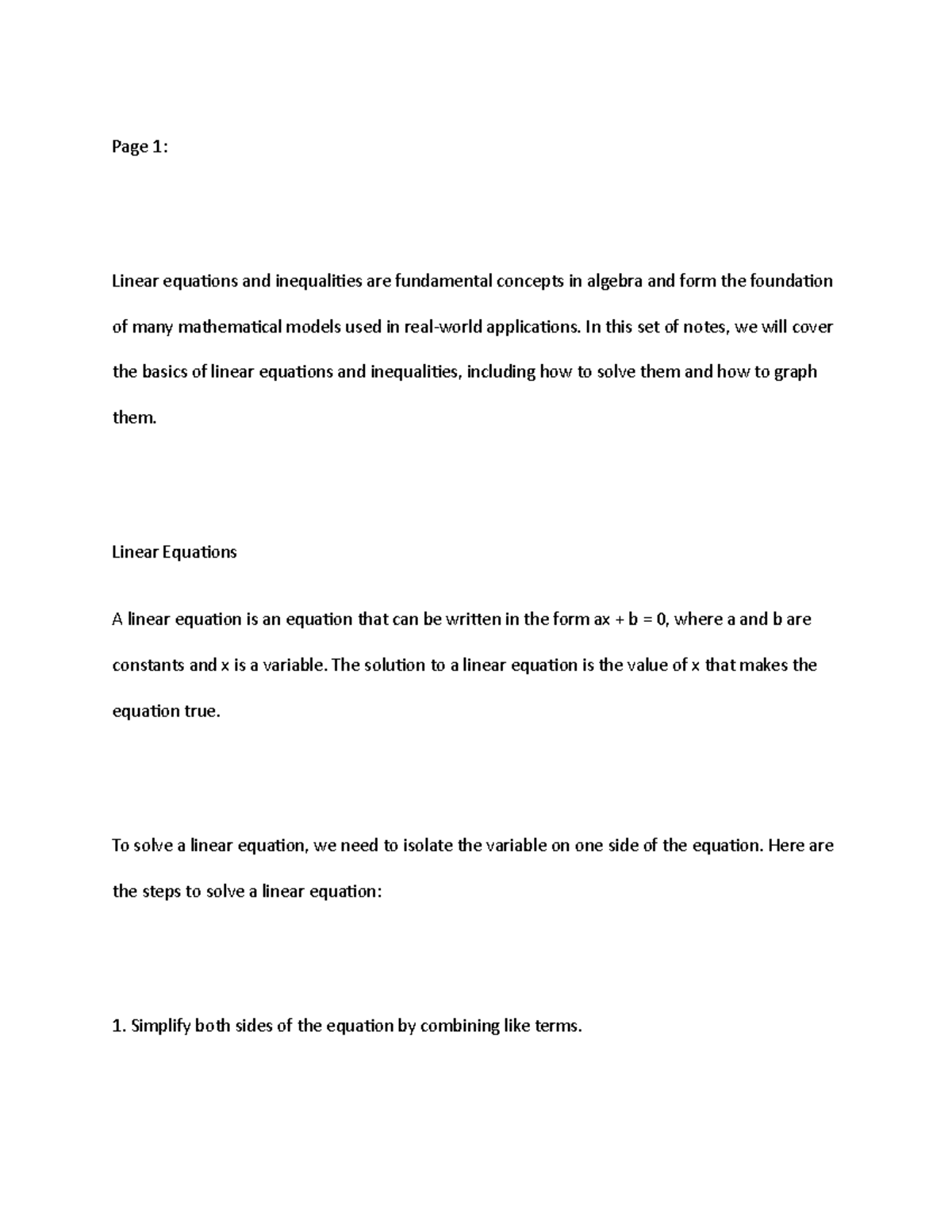 Linear equations - In this set of notes, we will cover the basics of ...