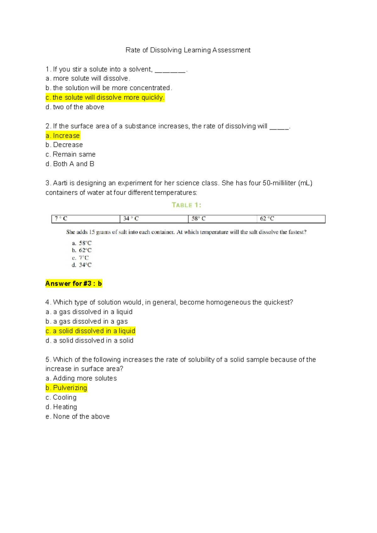 Learning Checks - Rate of Dissolving Learning Assessment If you stir a ...