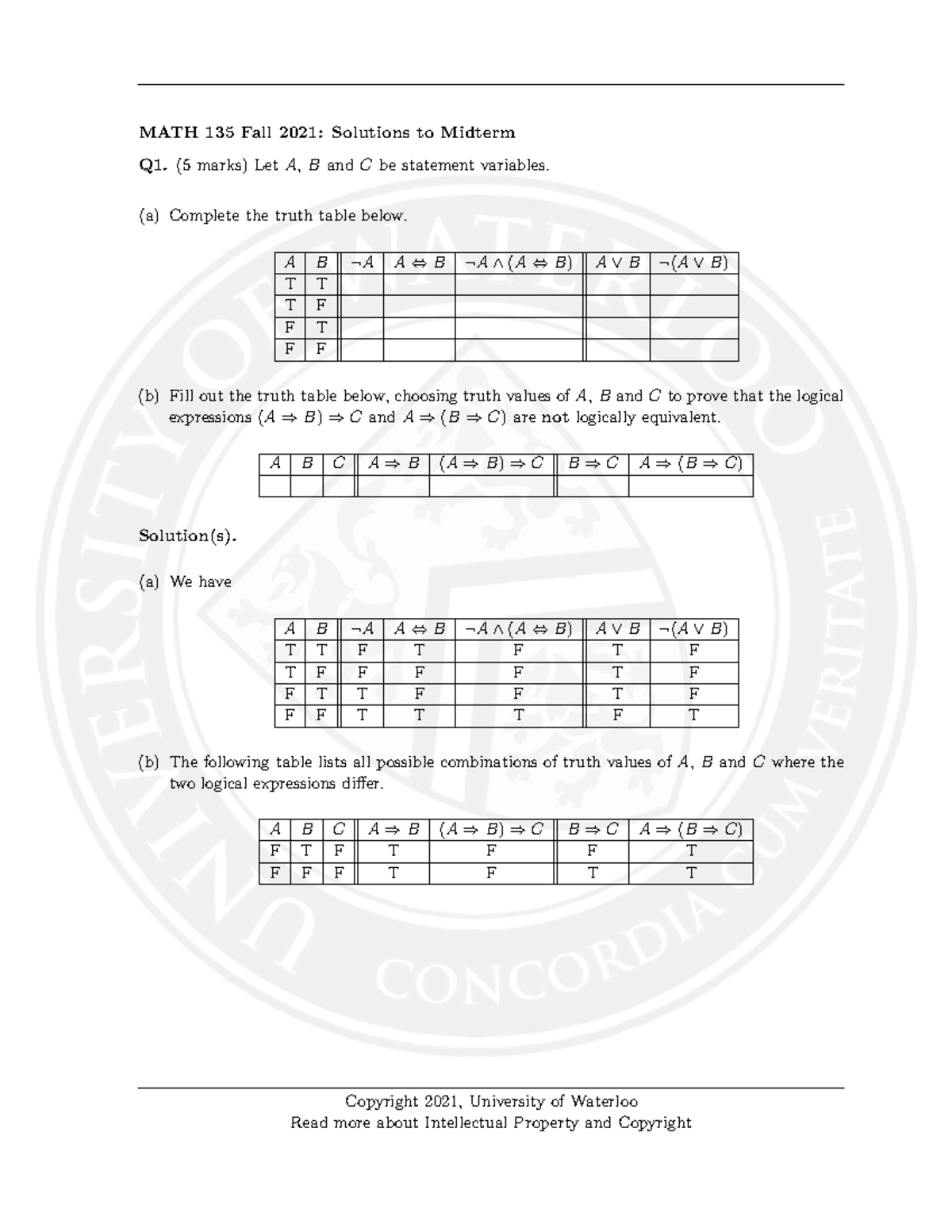 2021 midterm solutions - MATH 135 Fall 2021: Solutions to Midterm Q1.(5 ...