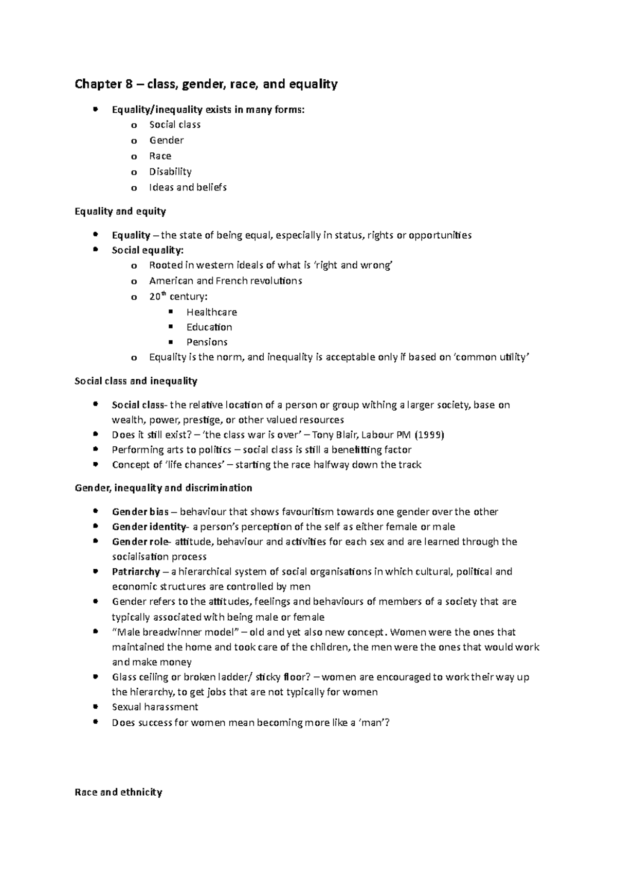 Chapter 8 - class, gender, race and equality - BUS127 - QUB - Studocu