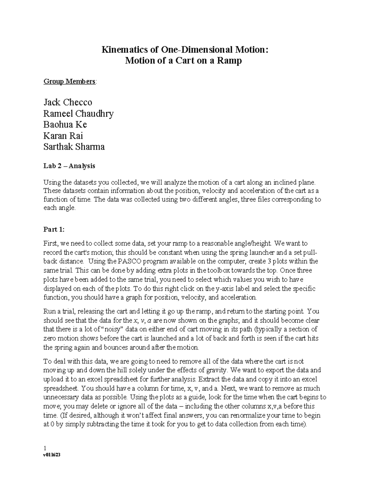 PHYS 101 Lab 2 Kinematics of One-Dimensional Motion Worksheet v011623(1 ...