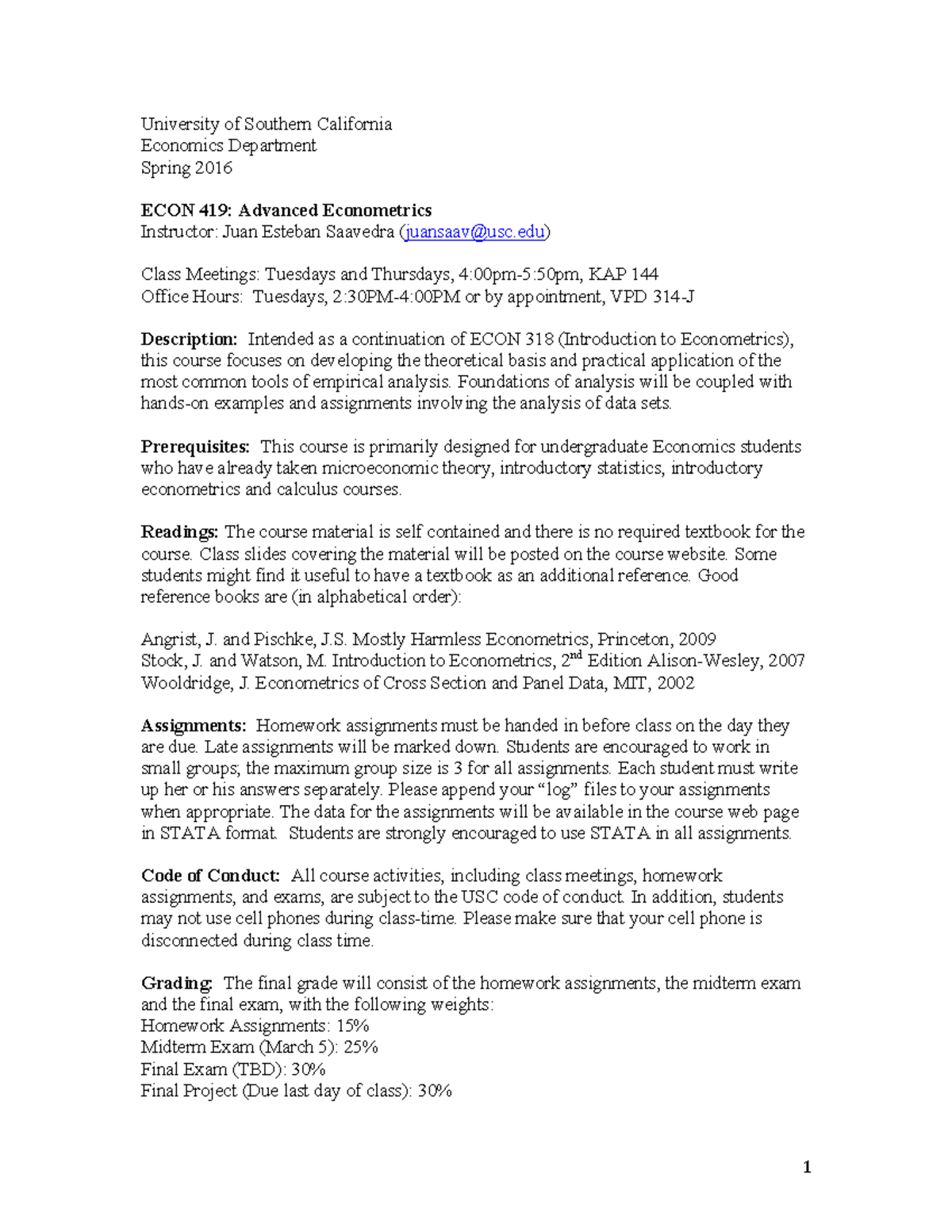 Econ419 Syllabus - SUM - CSCI561 - USC - Studocu