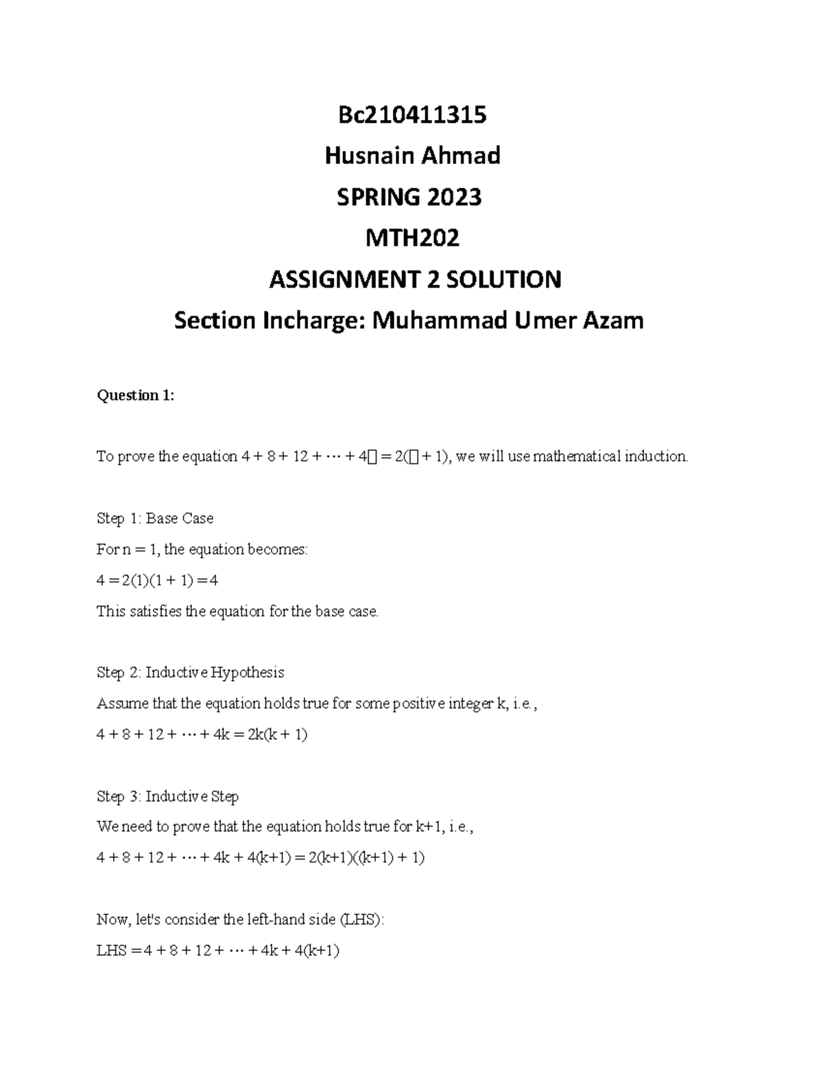Bc210411315 husnain - Bc Husnain Ahmad SPRING 2023 MTH ASSIGNMENT 2 SOLUTION Section Incharge ...
