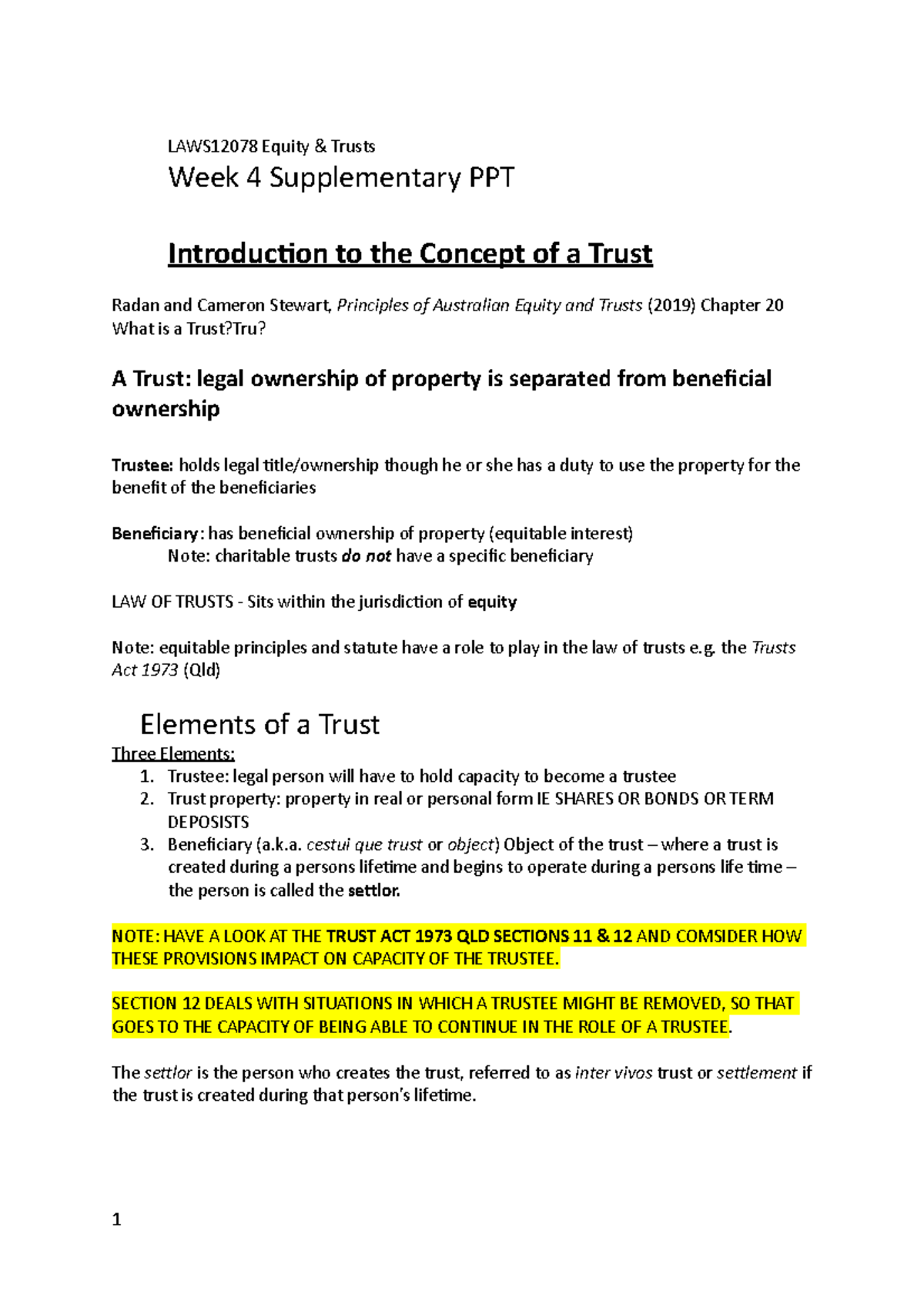 LAWS12078 Equity - Lecture notes WEEK 4 - LAWS12078 Equity & Trusts ...