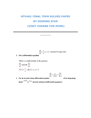 MTH401 - MTH 401 assignment solution. - VU ID: bc MTH 401 Assignment 1 Question : 1 Consider the ...