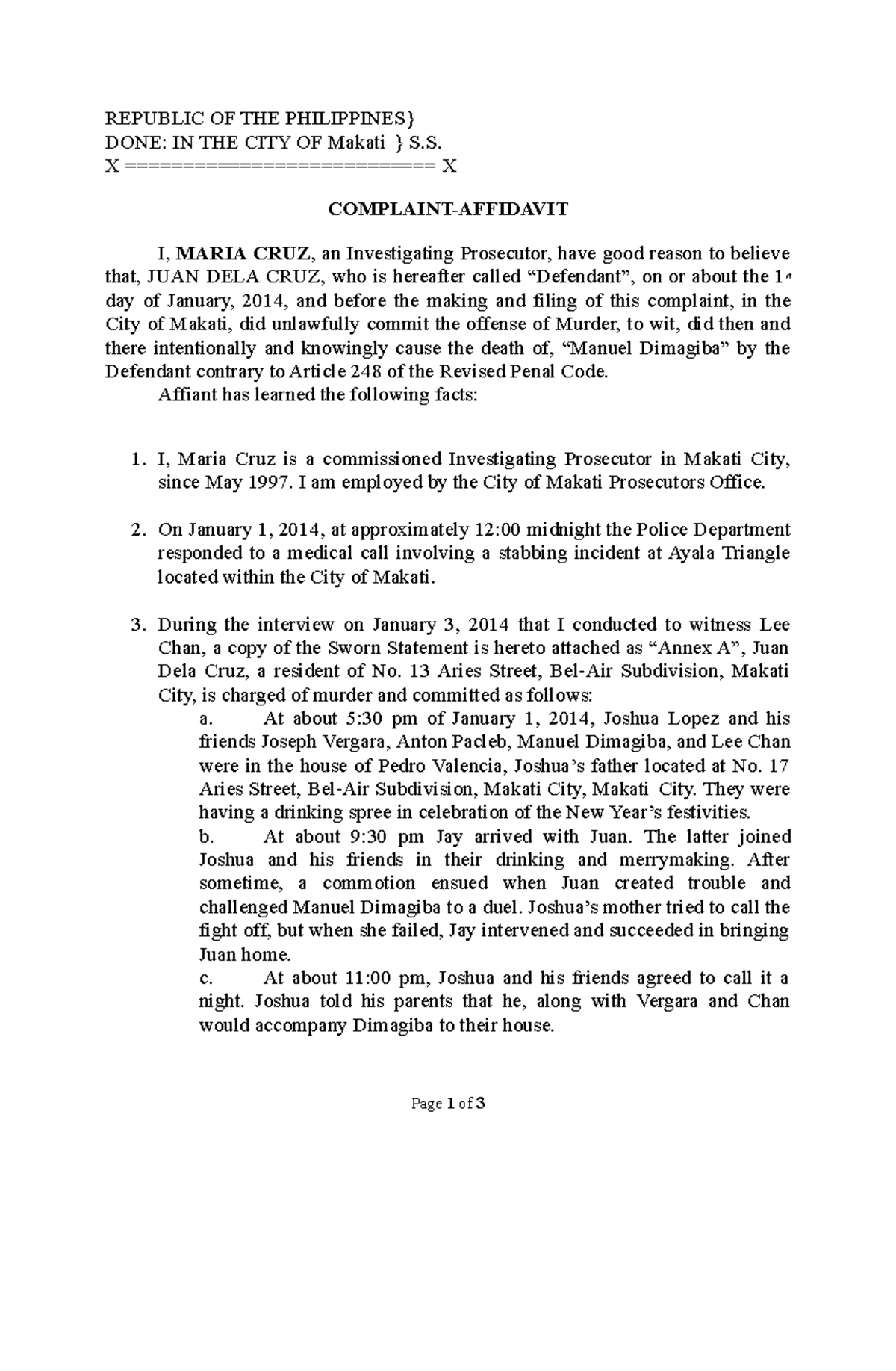 Affidavit - REPUBLIC OF THE PHILIPPINES} DONE: IN THE CITY OF Makati ...