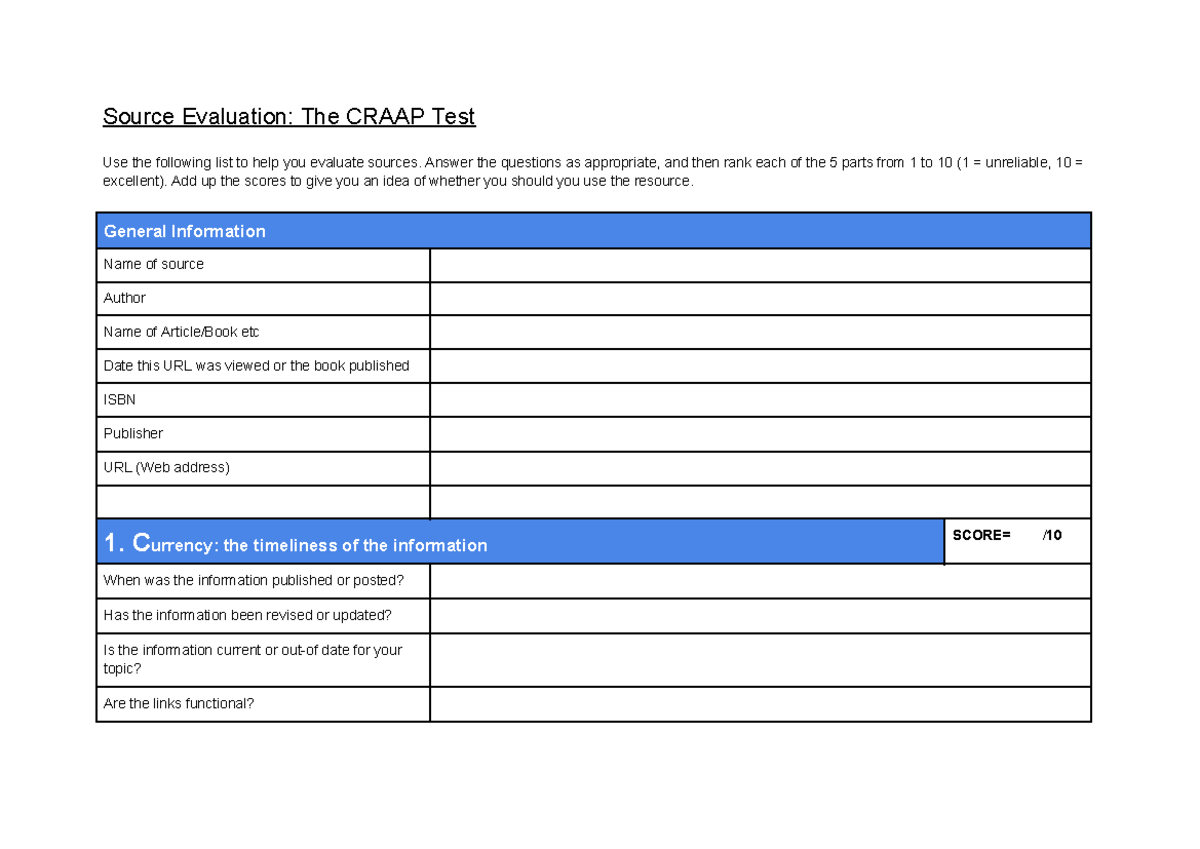 Evaluating Sources - Source Evaluation: The CRAAP Test Use the ...
