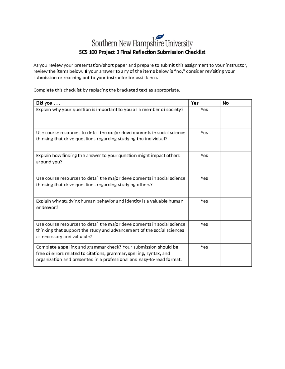 SCS 100 8-1 Project 3 Final Reflection Submission Checklist - If your ...