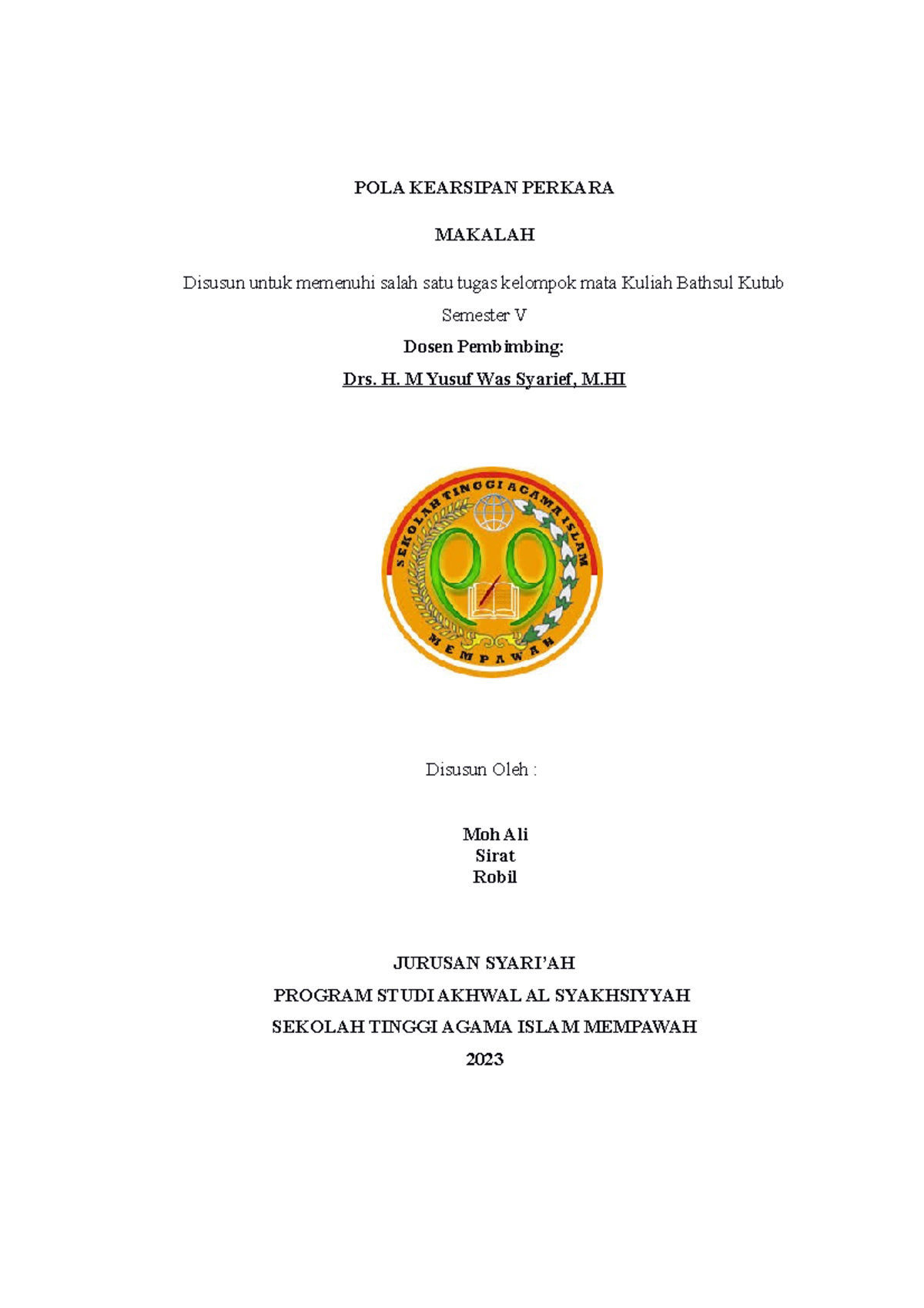 Cover pak yusuf - POLA KEARSIPAN PERKARA MAKALAH Disusun untuk memenuhi ...