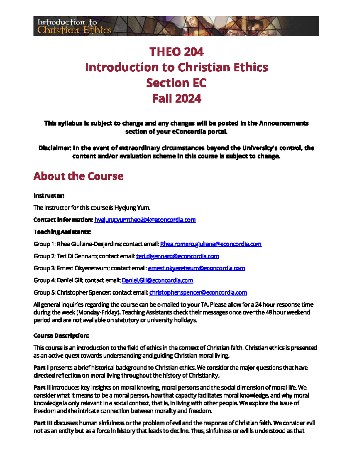 Intro to ethics theo outline - Introduction to Christian Ethics THEO ...