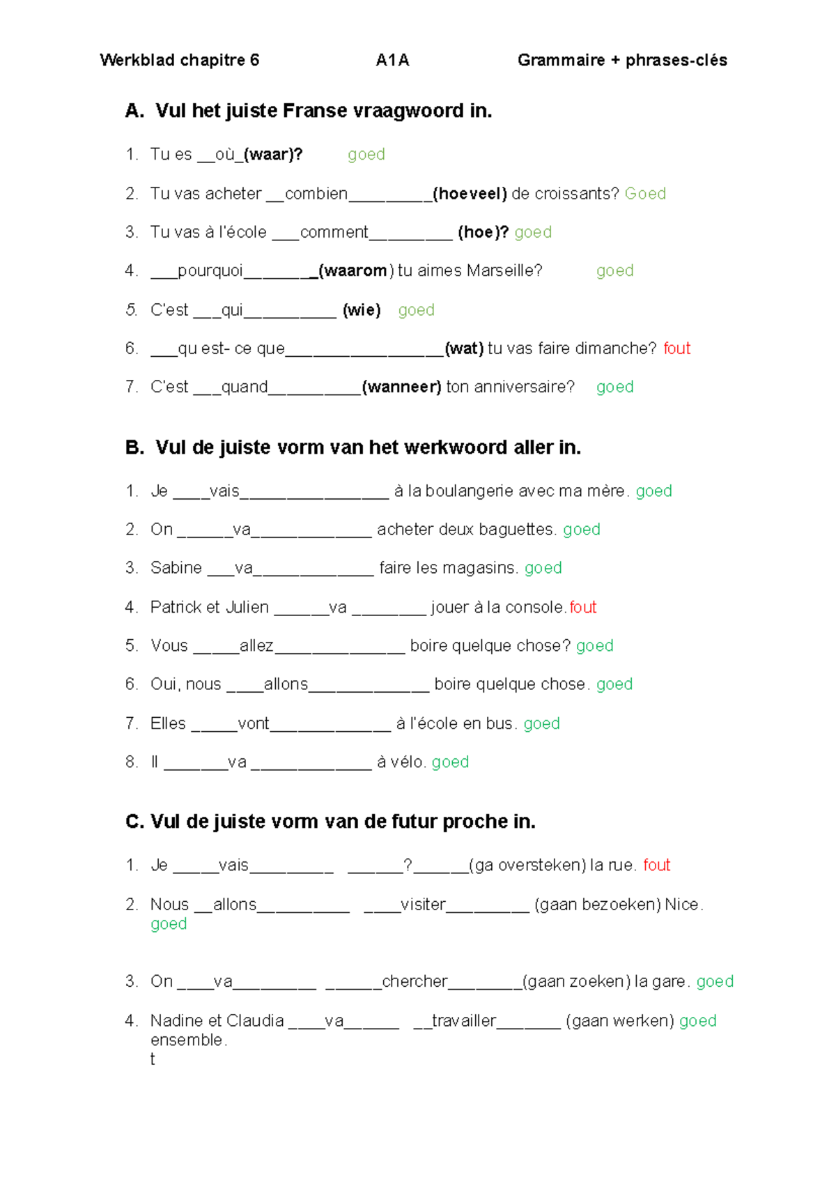 Werkblad frans - Werkblad chapitre 6 A1A Grammaire + phrases-clés A ...