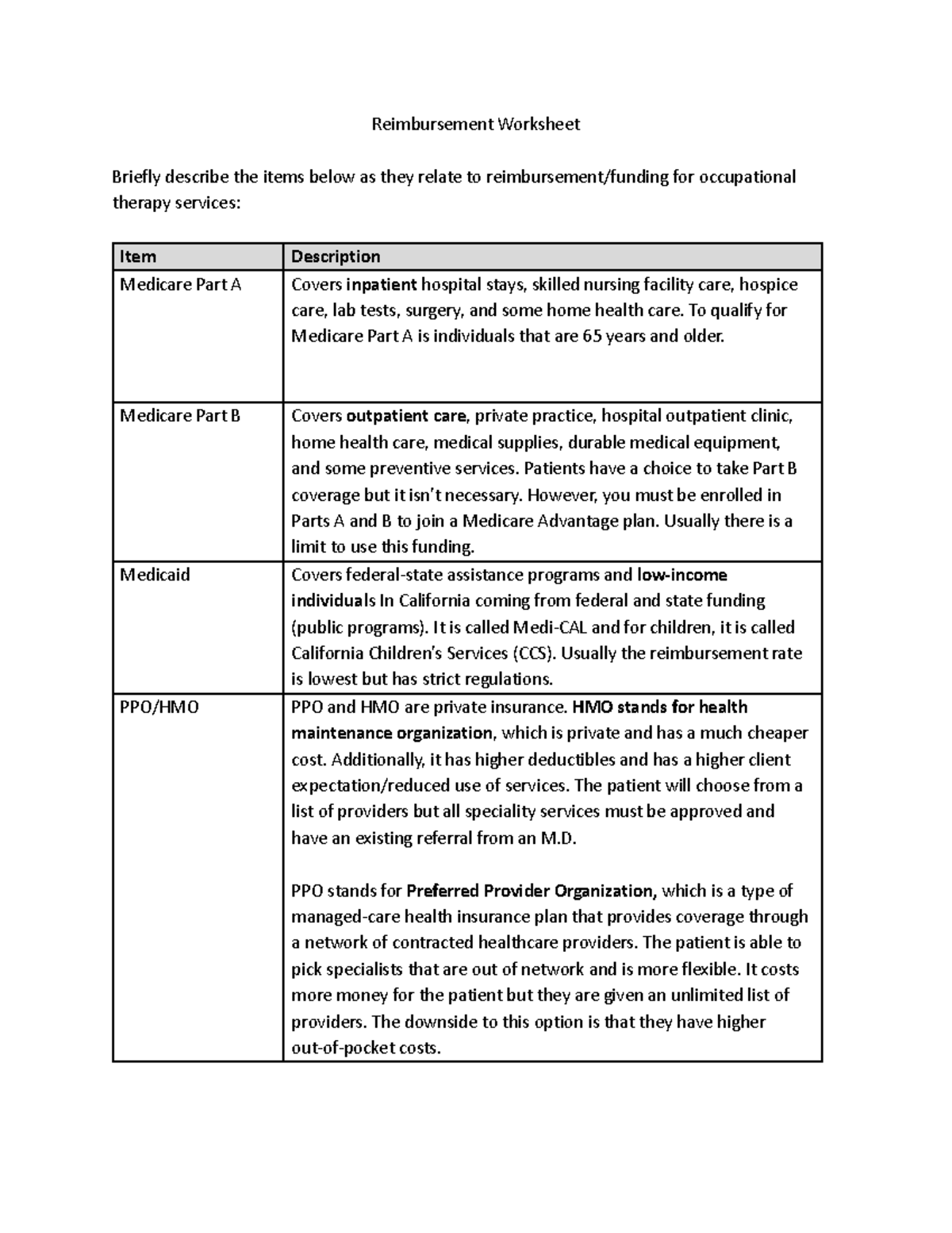 Reimbursement Worksheet - Reimbursement Worksheet Briefly describe the ...