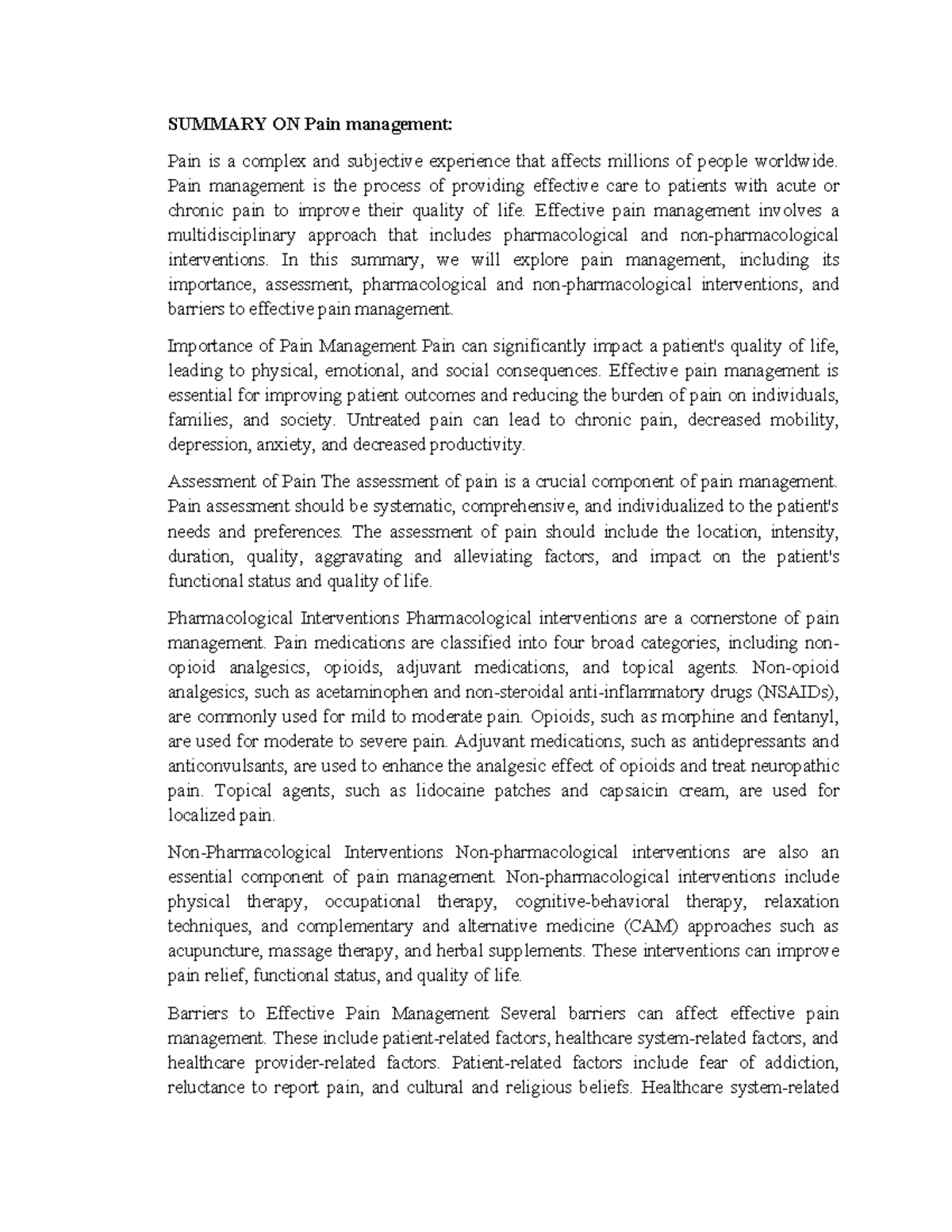 Summary on Pain management - SUMMARY ON Pain management: Pain is a ...