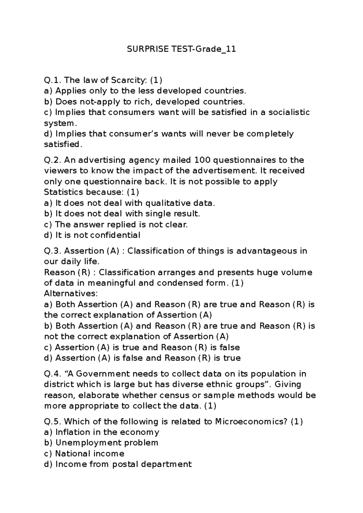Surprise TEST Grade 11 - SURPRISE TEST-Grade_ Q. The law of Scarcity ...