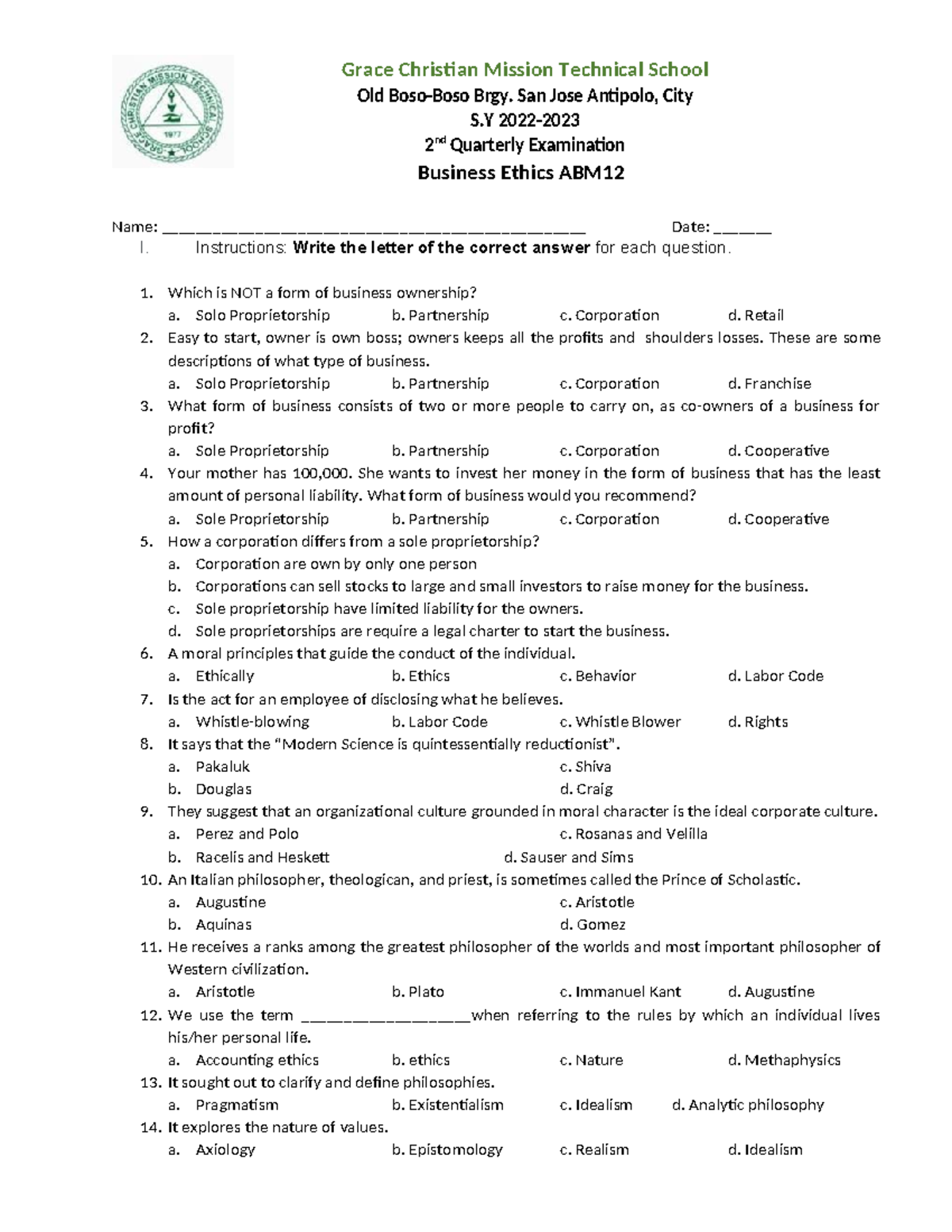 Ethics exam - n/a - Grace Christian Mission Technical School Old Boso ...