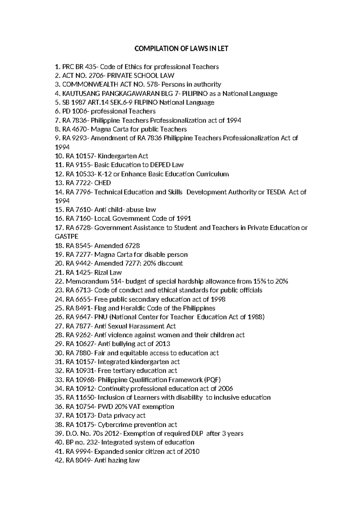 Compilation OF LAWS IN LET - COMPILATION OF LAWS IN LET PRC BR 435 ...
