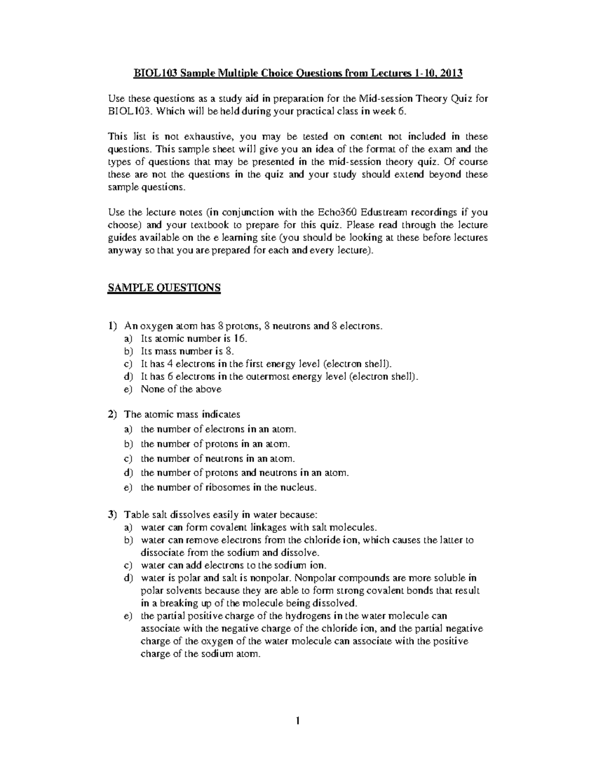 Example questions for MSQ 2013 - BIOL103 Sample Multiple Choice ...