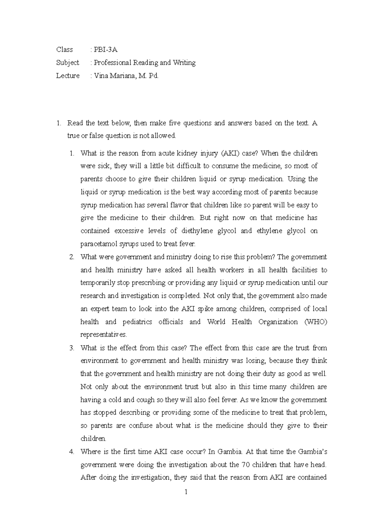 Reading and Writing - Class : PBI-3A Subject : Professional Reading and ...