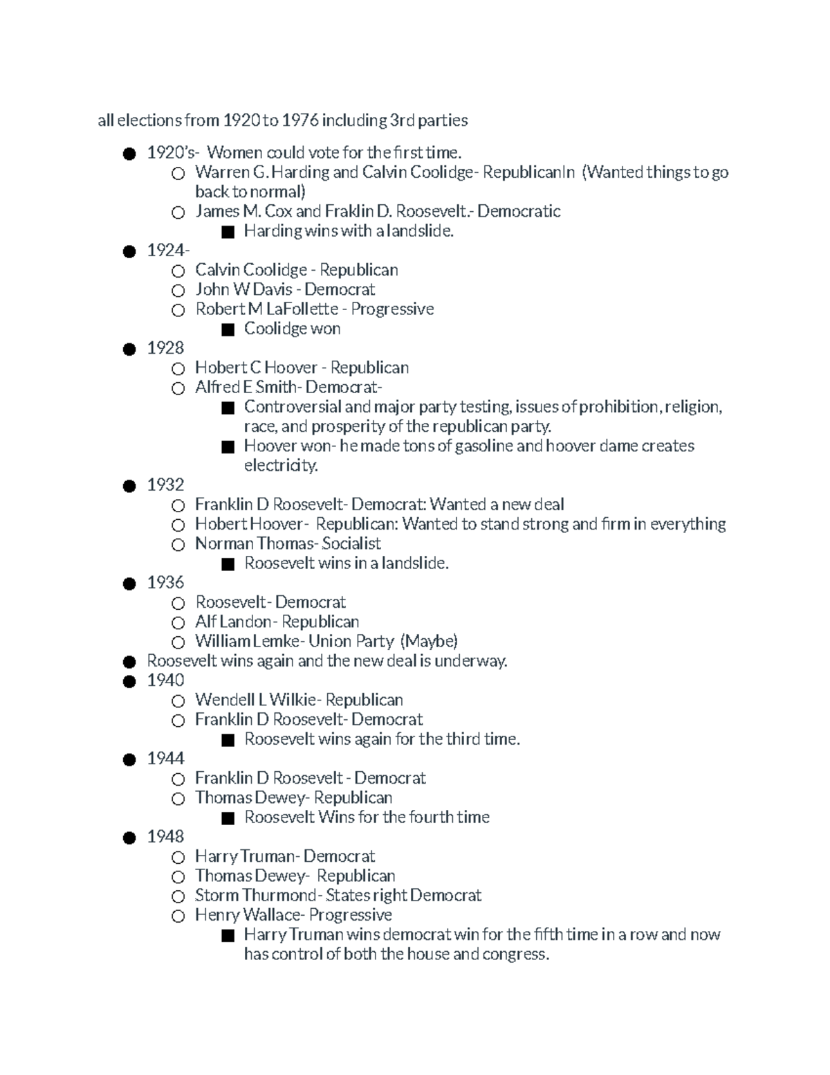 US History Study Guide - all elections from 1920 to 1976 including 3rd ...