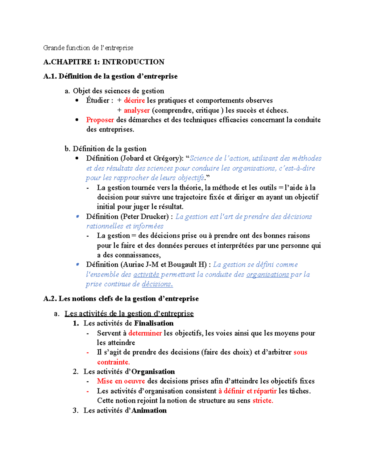 GFE Chapitre 1 Introduction - Grande function de l’entreprise A 1: INTRODUCTION A. Définition de ...