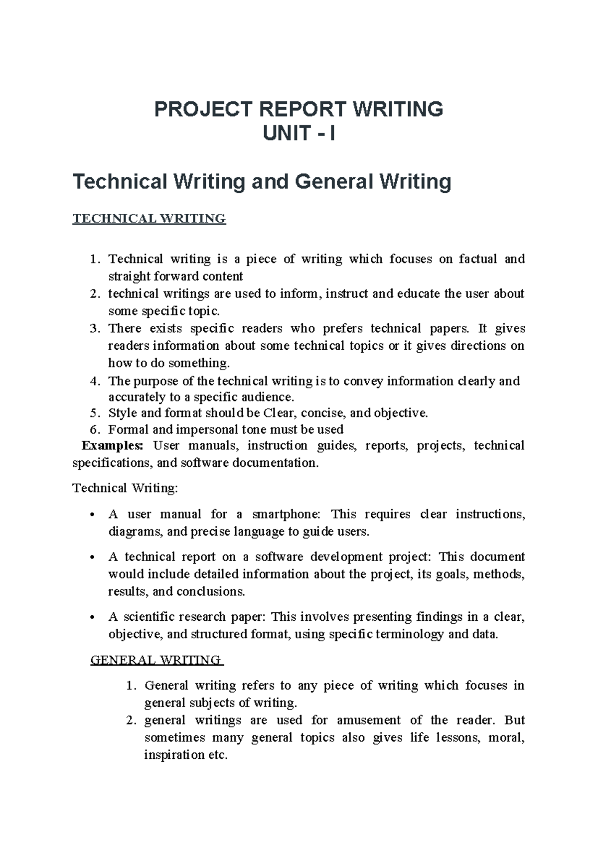 UNIT-I - STUDY MATERIAL - PROJECT REPORT WRITING UNIT - I Technical ...