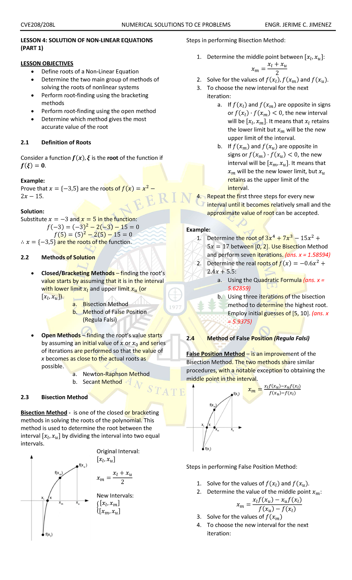 CVE208.Num Sol.SSNon Linear Equations - CVE208/208L NUMERICAL SOLUTIONS ...