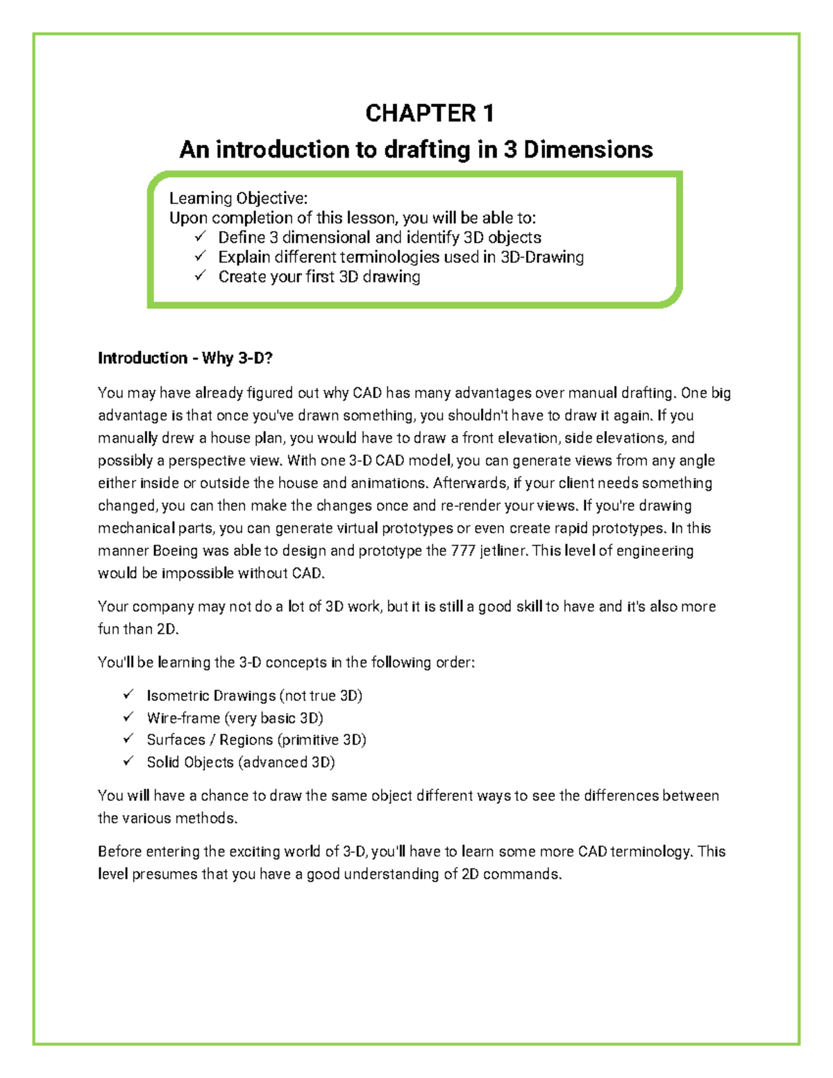 Olautocad 2 - Chapter 1 - REVIEWER - CHAPTER 1 An introduction to drafting in 3 Dimensions - Studocu