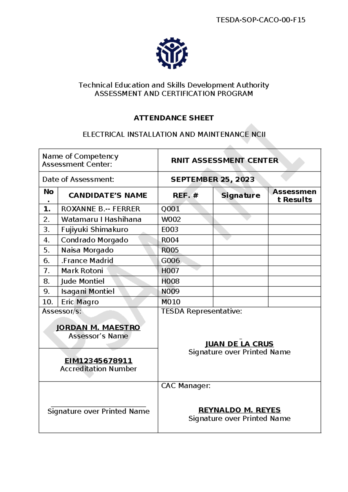3 - Attendance sheet for eim nc2 - TESDA-SOP-CACO-00-F Technical ...