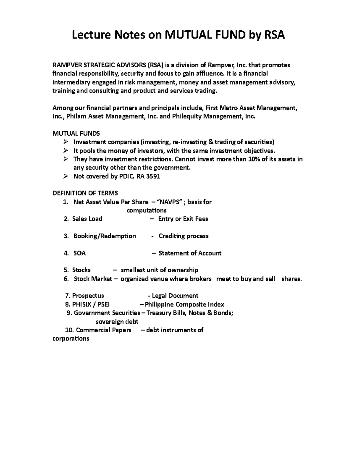 Mutual FUND Presentation word file copy - Lecture Notes on MUTUAL FUND ...