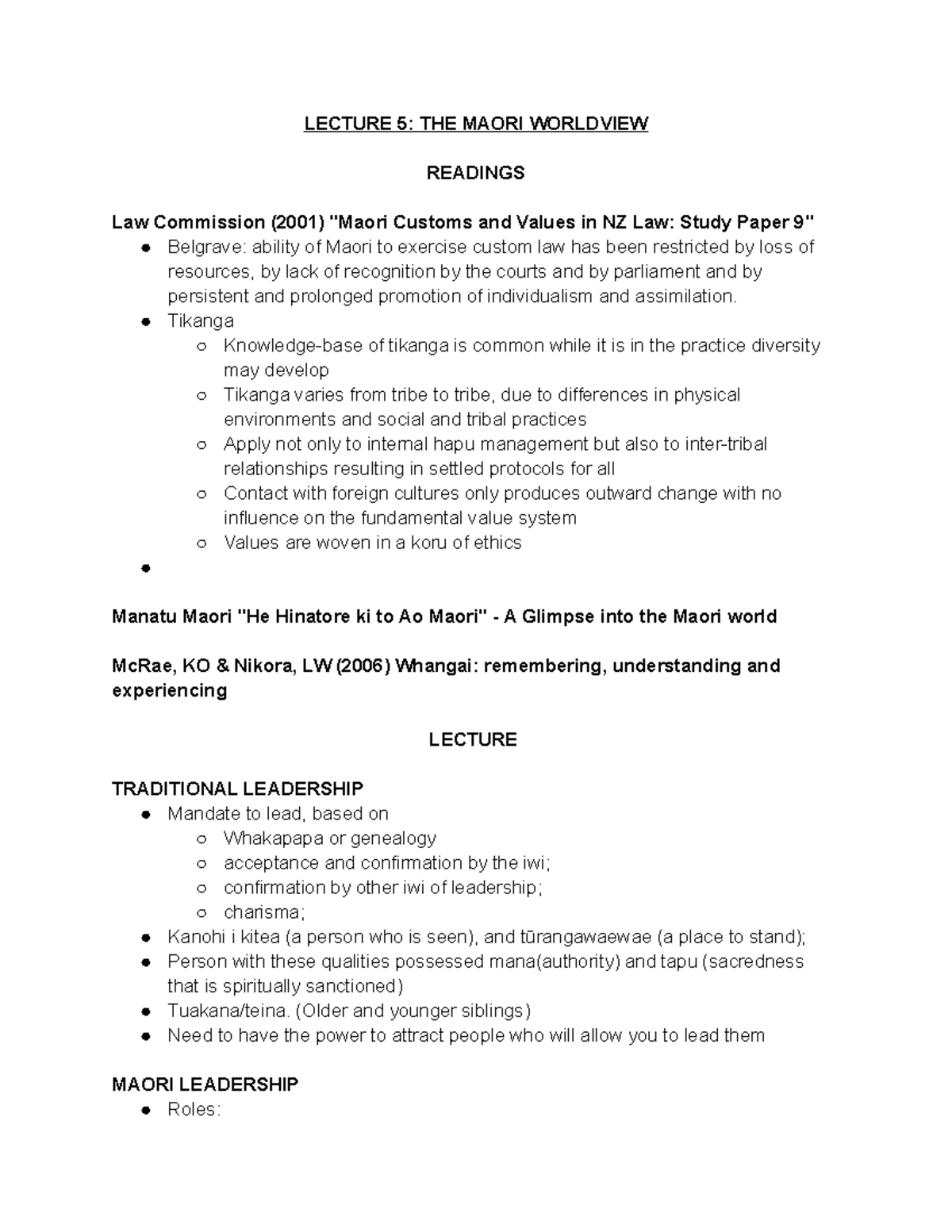 106 L5 - Lecture notes - LECTURE 5: THE MAORI WORLDVIEW READINGS Law ...
