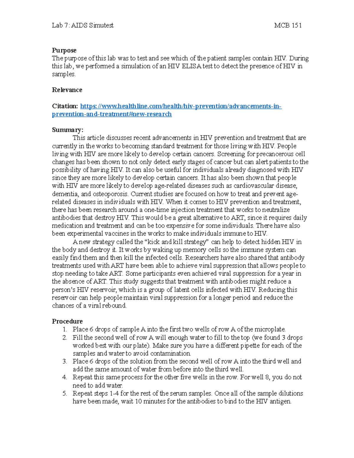 Lab Report HIV Elisa - Purpose The purpose of this lab was to test and ...