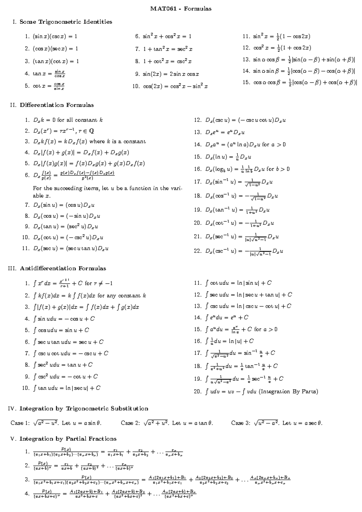 Some-Calculus-Formulas - MAT061 - Formulas I. Some Trigonometric ...