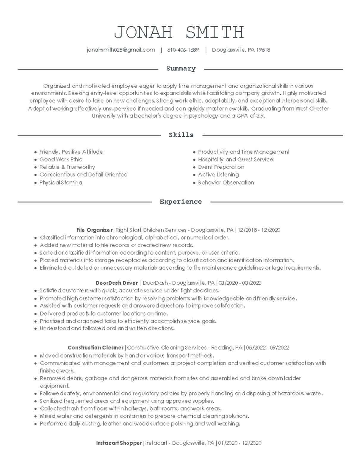 Jonah Smith Resume - Homework - JONAH SMITH jonahsmith025@gmail | 610 ...