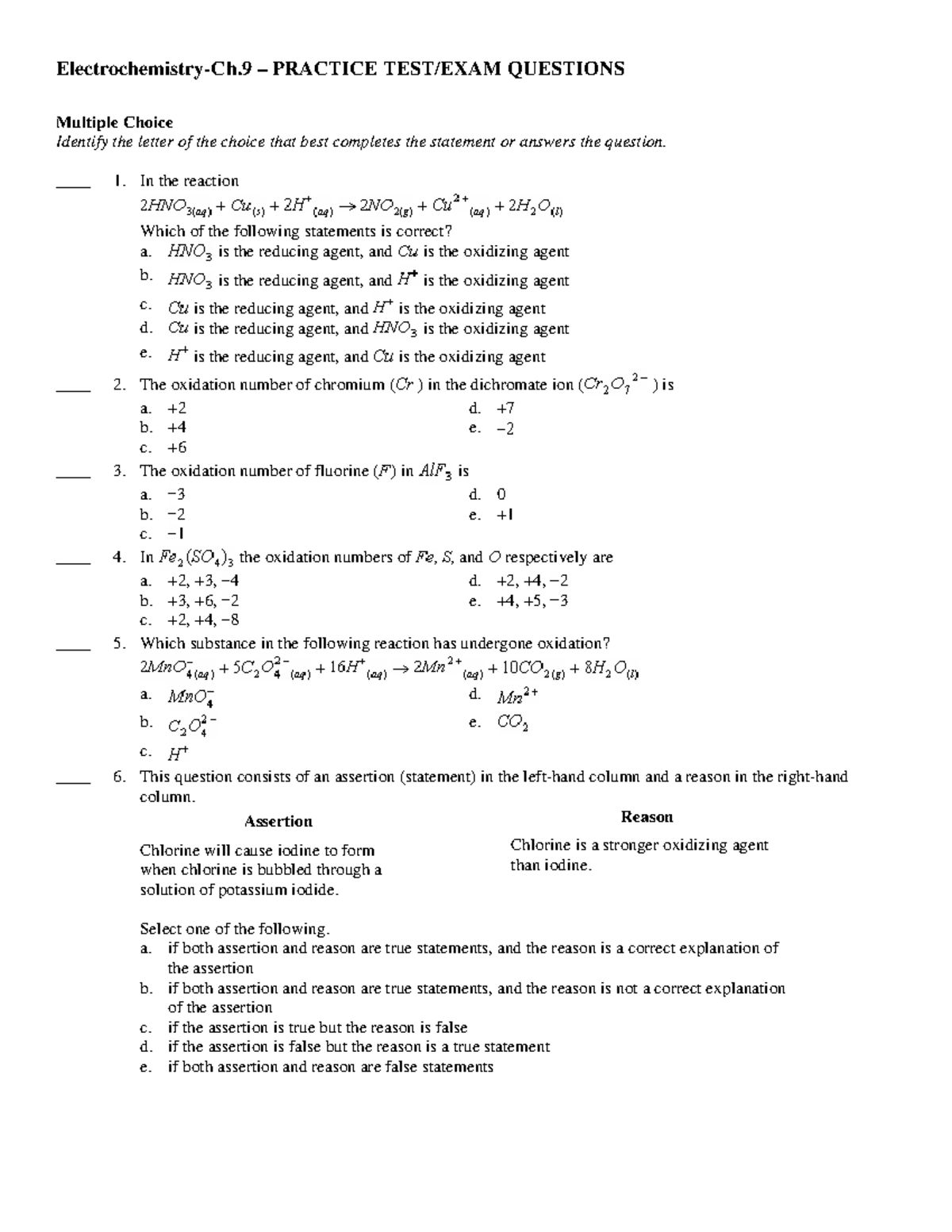 Redox practice test 1 - Electrochemistry-Ch – PRACTICE TEST/EXAM ...