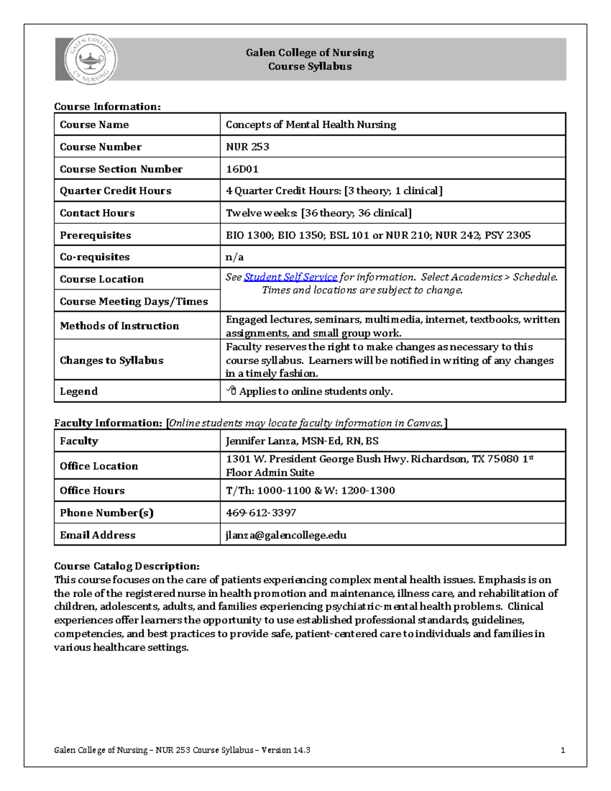NUR 253 Syllabus Version 14-3 Lanza J 16D01 Spring 2024 2 - Galen ...