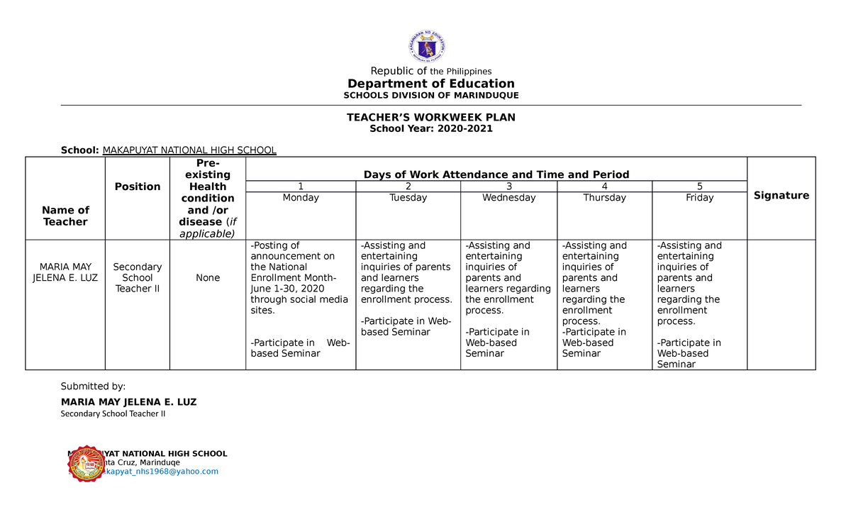work week plan and transcript - Republic of the Philippines Department ...