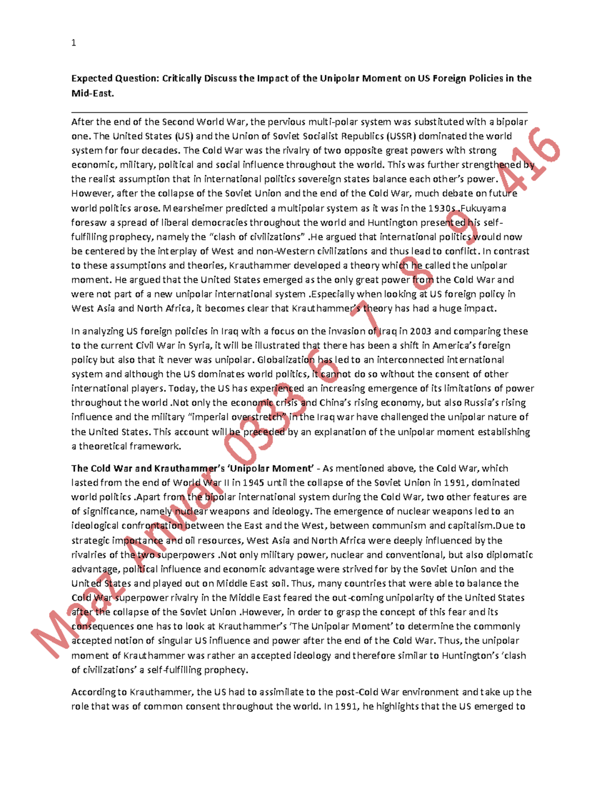 Unipolar Moment on US Foreign Policies in the Mid-East - - Studocu